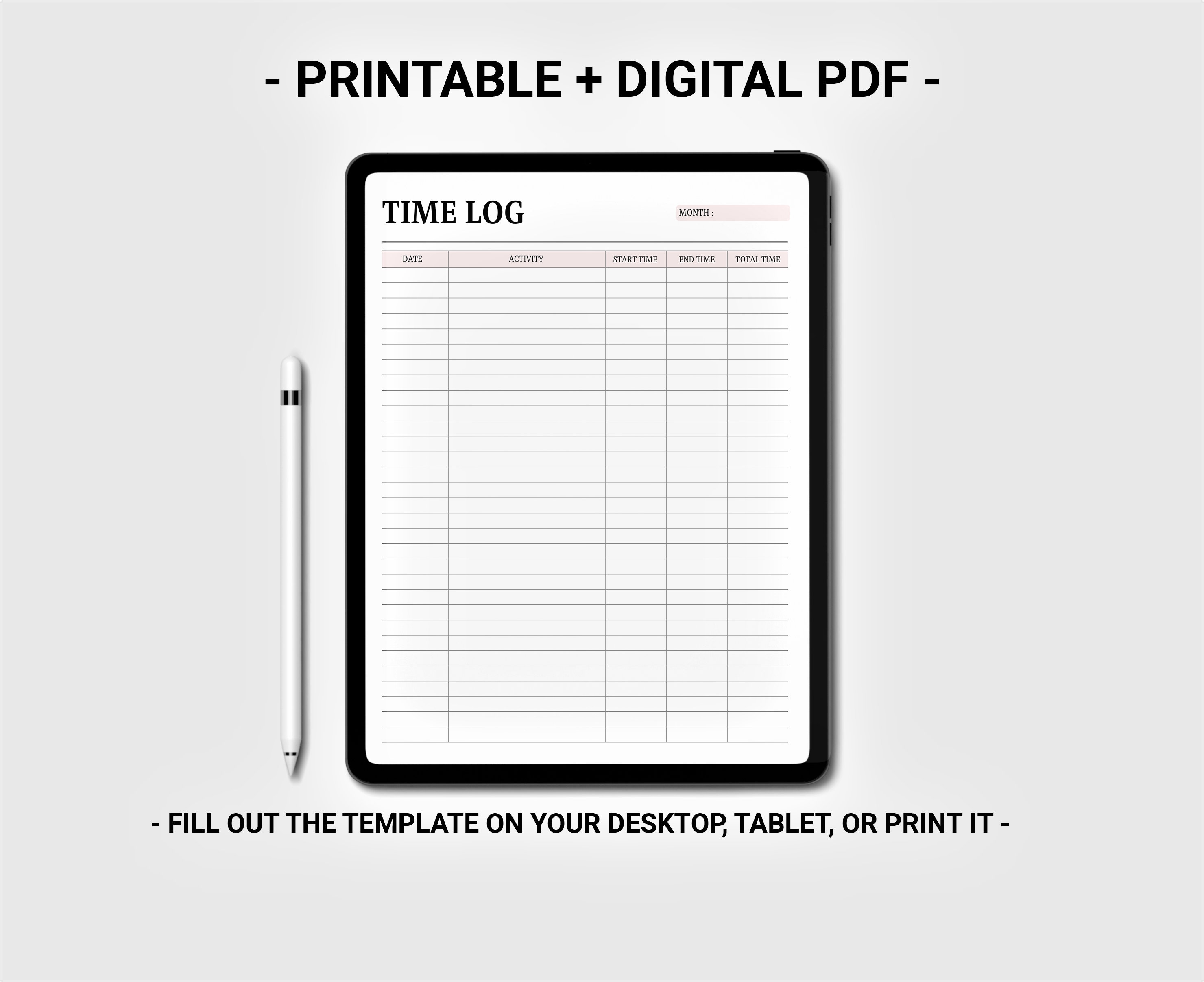 Time Log Printable Digital Work Log Tracker Project Time Planner Time ...
