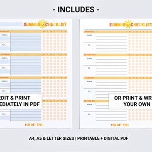 Personalized Summer Checklist Printable Digital, Kids Chore Chart, Kids ...