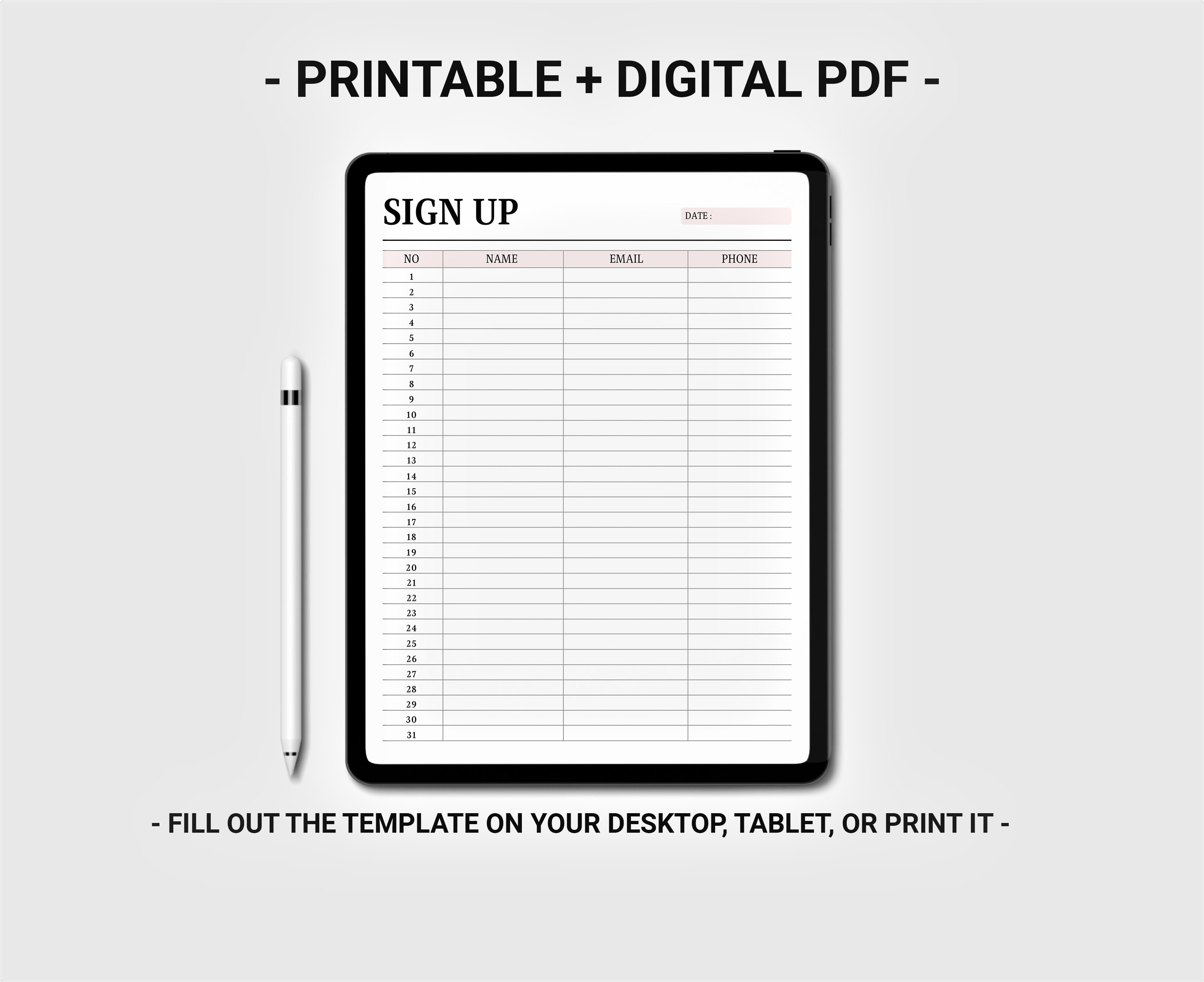 Sign up Sheet Printable Digital Sign in Template Sign up Form Instant ...