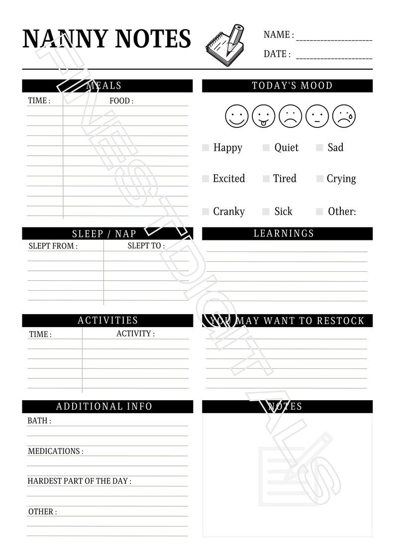 Nanny Bundle Nanny Notes Printable Digital Emergency Info Nanny Log ...