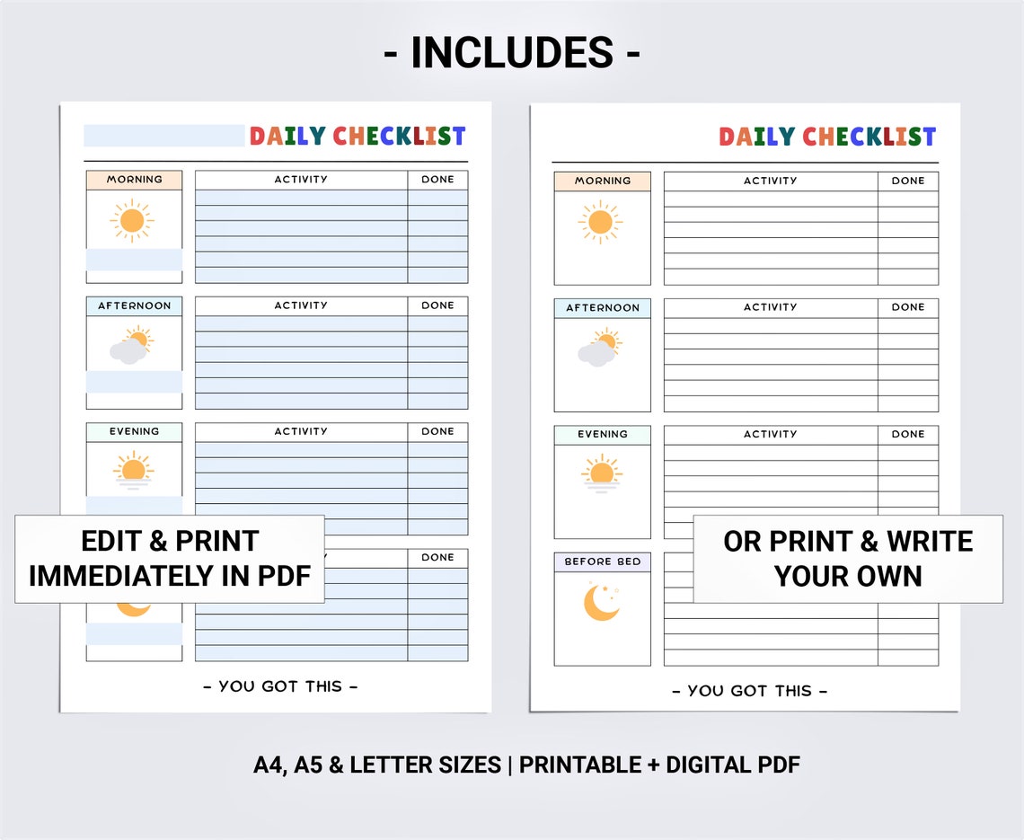 Kids Daily Checklist Printable Editable Personalized Chore - Etsy