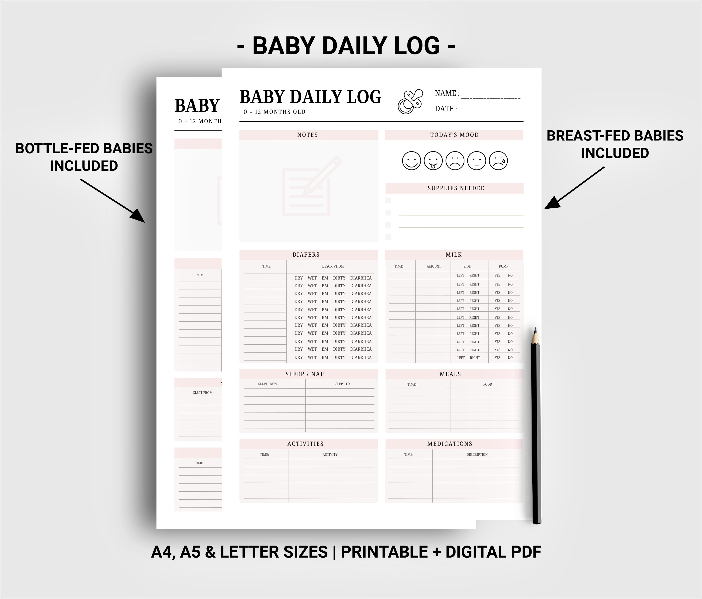 Baby Log Printable Digital, Baby Daily Tracker, Nanny Log, Baby Report ...