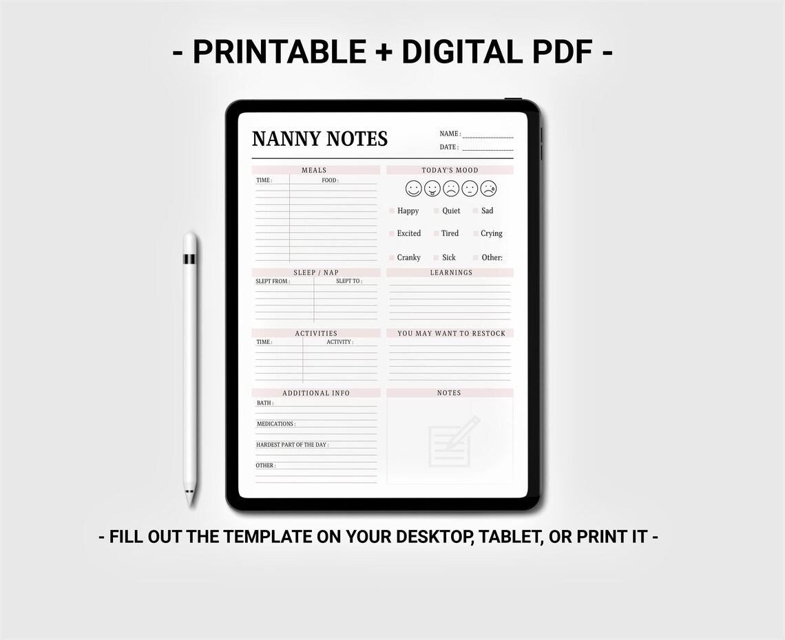 Nanny Notes Template Nanny Report Nanny Log Printable Babysitter Daily ...
