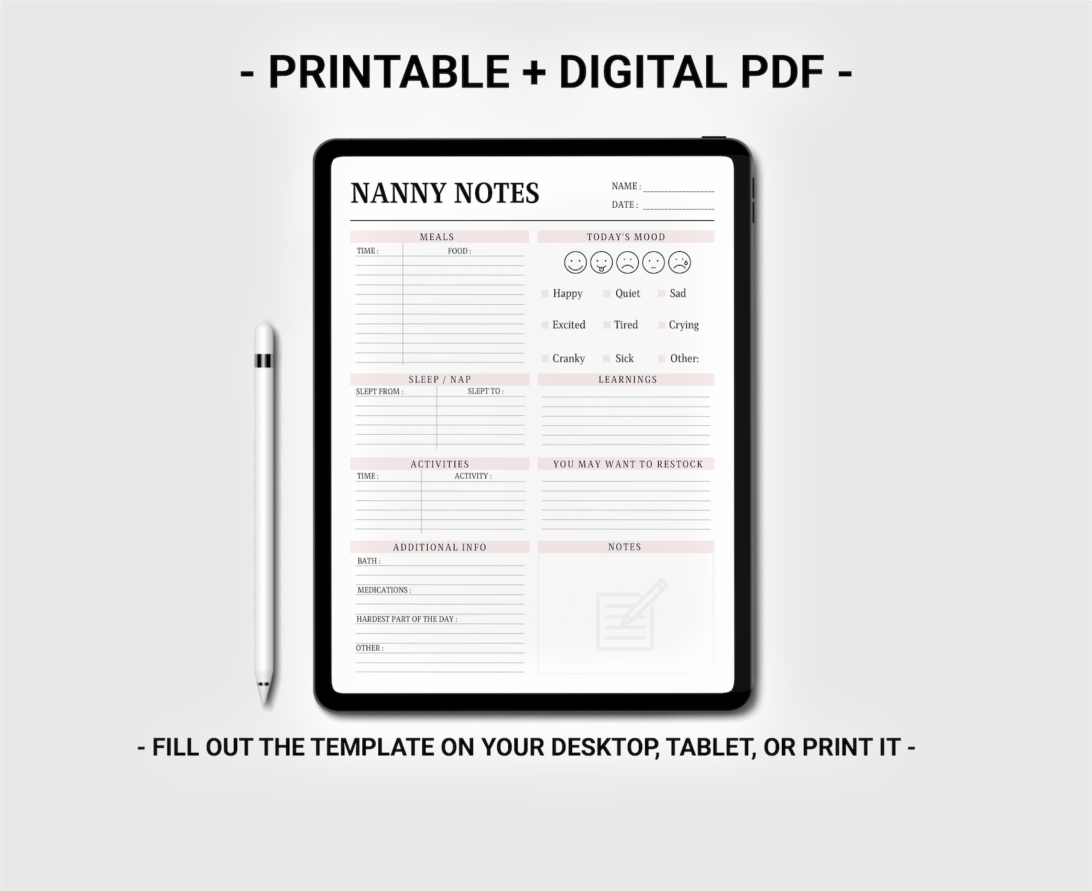 Nanny Notes Template Nanny Report Nanny Log Printable Babysitter Daily ...