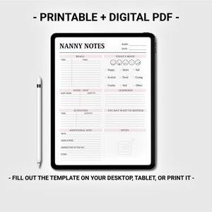 Nanny Notes Template Nanny Report Nanny Log Printable Babysitter Daily ...