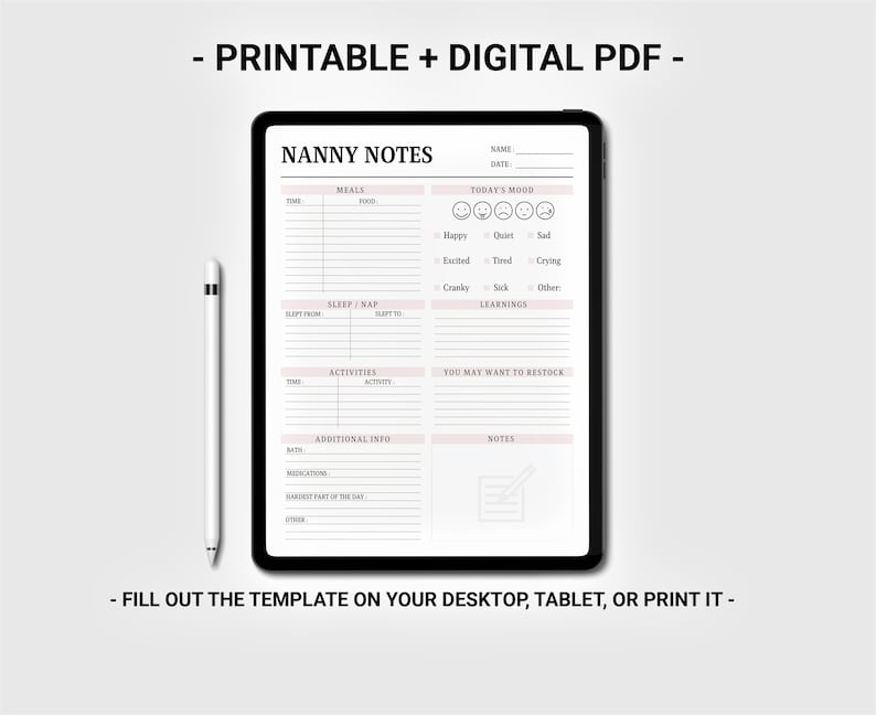 Nanny Notes Template Nanny Report Nanny Log Printable Babysitter Daily ...