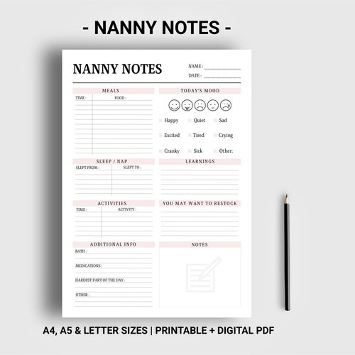 Nanny Notes Template Nanny Report Nanny Log Printable - Etsy