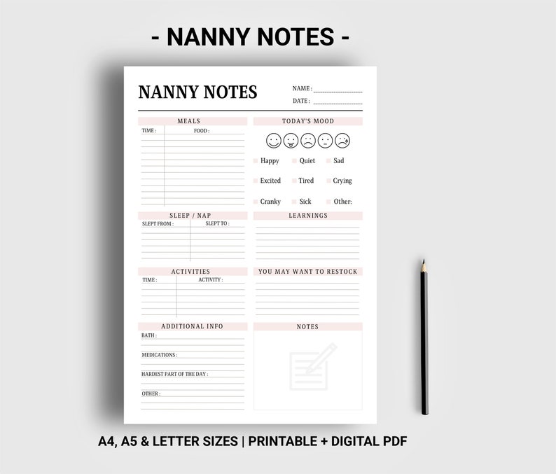 Nanny Notes Template Nanny Report Nanny Log Printable Babysitter Daily ...
