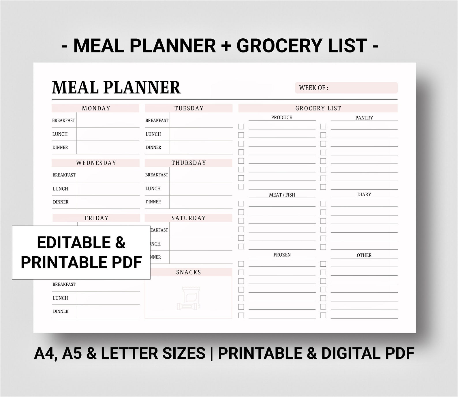 Weekly Meal Planner and Grocery List Printable Digital, Editable Food ...