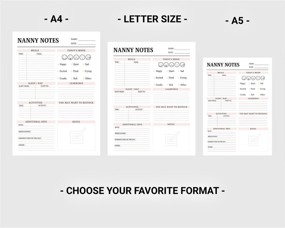 Nanny Notes Template Nanny Report Nanny Log Printable Babysitter Daily ...