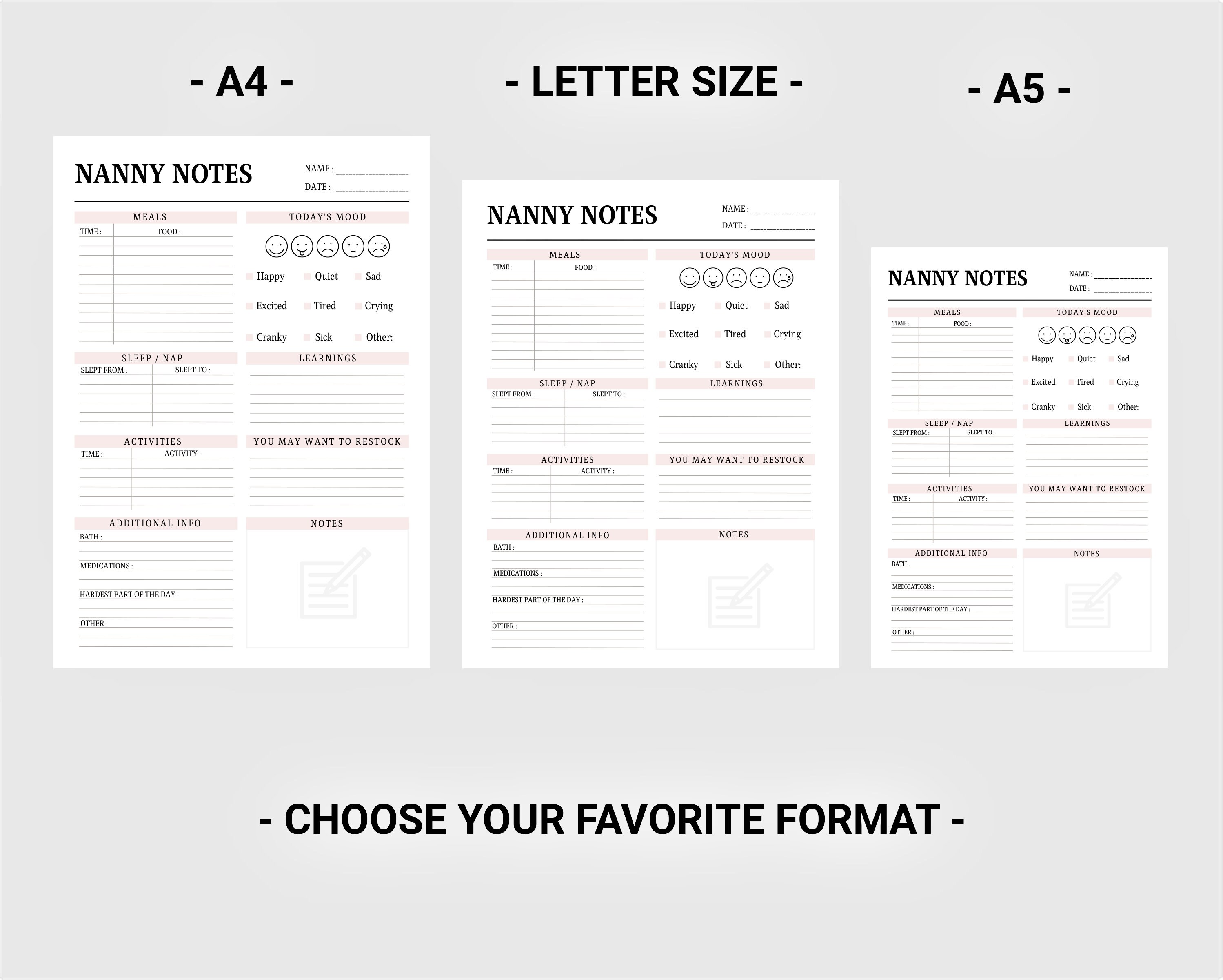 Nanny Notes Template Nanny Report Nanny Log Printable Babysitter Daily ...