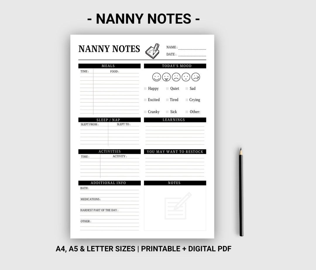 Nanny Report Nanny Notes Nanny Log Printable Digital Daycare Form ...