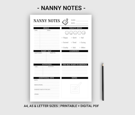 Nanny Report Nanny Notes Nanny Log Printable Digital | Etsy