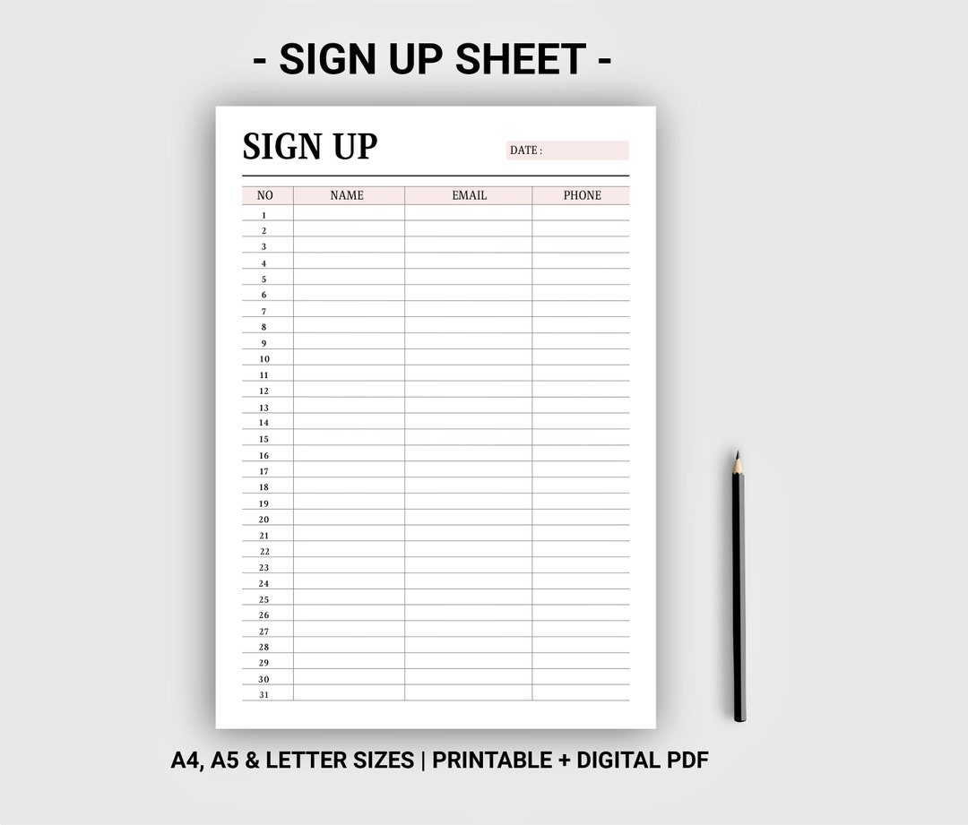 Sign up Sheet Printable Digital Sign in Template Sign up Form Instant ...