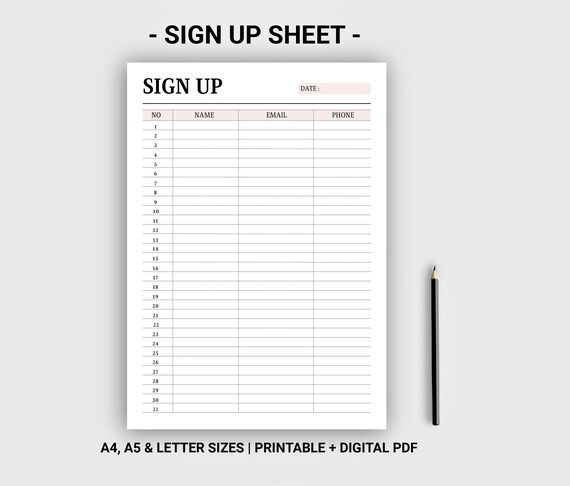 Sign up Sheet Printable Digital Sign in Template Sign up Form | Etsy