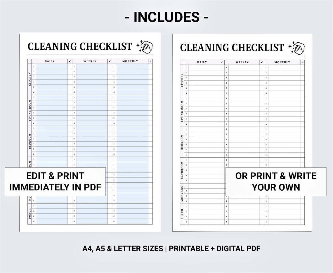 Editable Cleaning Checklist Printable Cleaning Schedule - Etsy