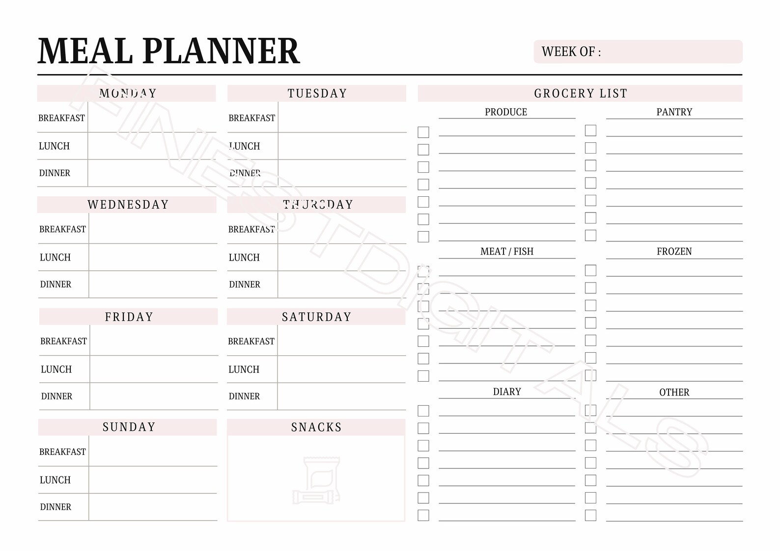 Weekly Meal Planner and Grocery List Printable Digital, Editable Food ...