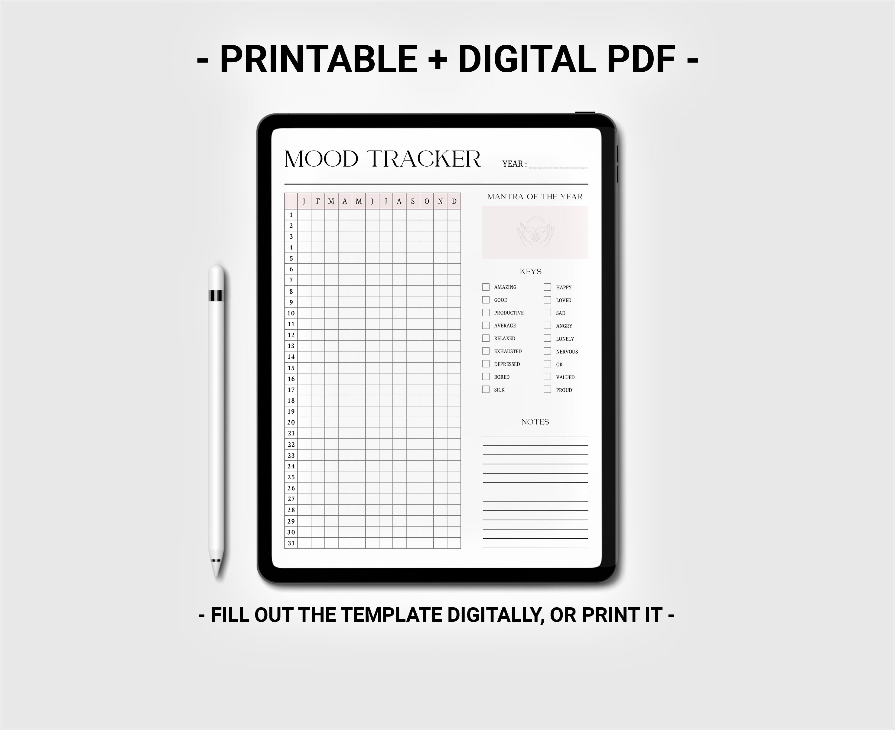 Yearly Mood Tracker Printable Digital, Selfcare Planner, Anxiety ...