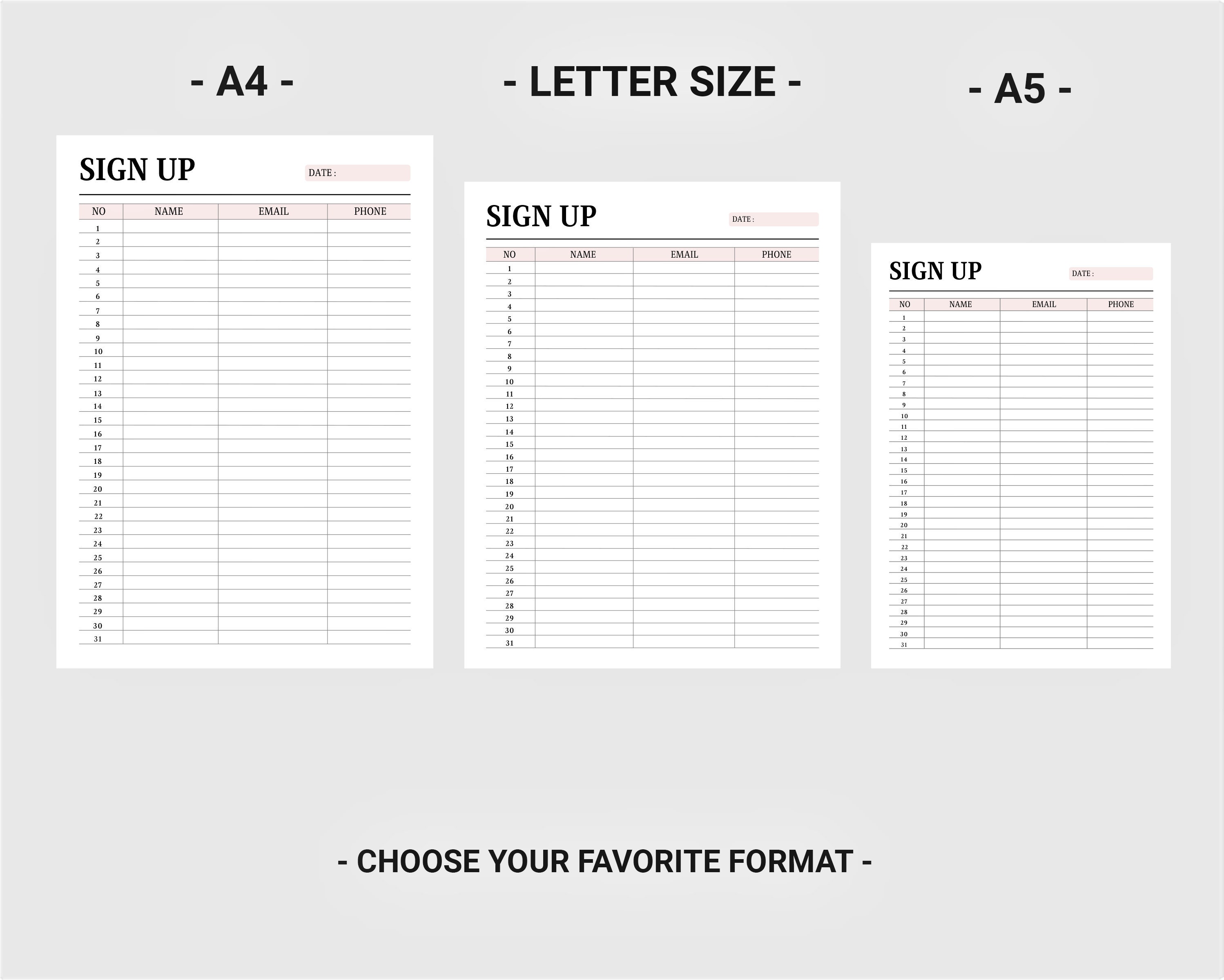 Sign up Sheet Printable Digital Sign in Template Sign up Form Instant ...