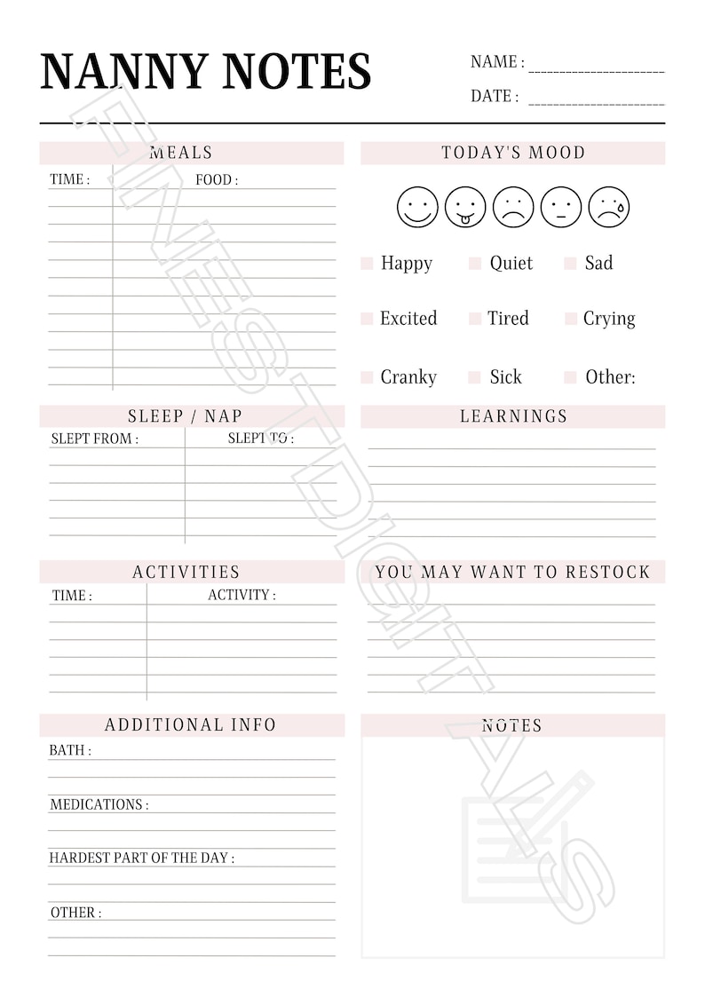 Nanny Notes Template Nanny Report Nanny Log Printable Babysitter Daily ...