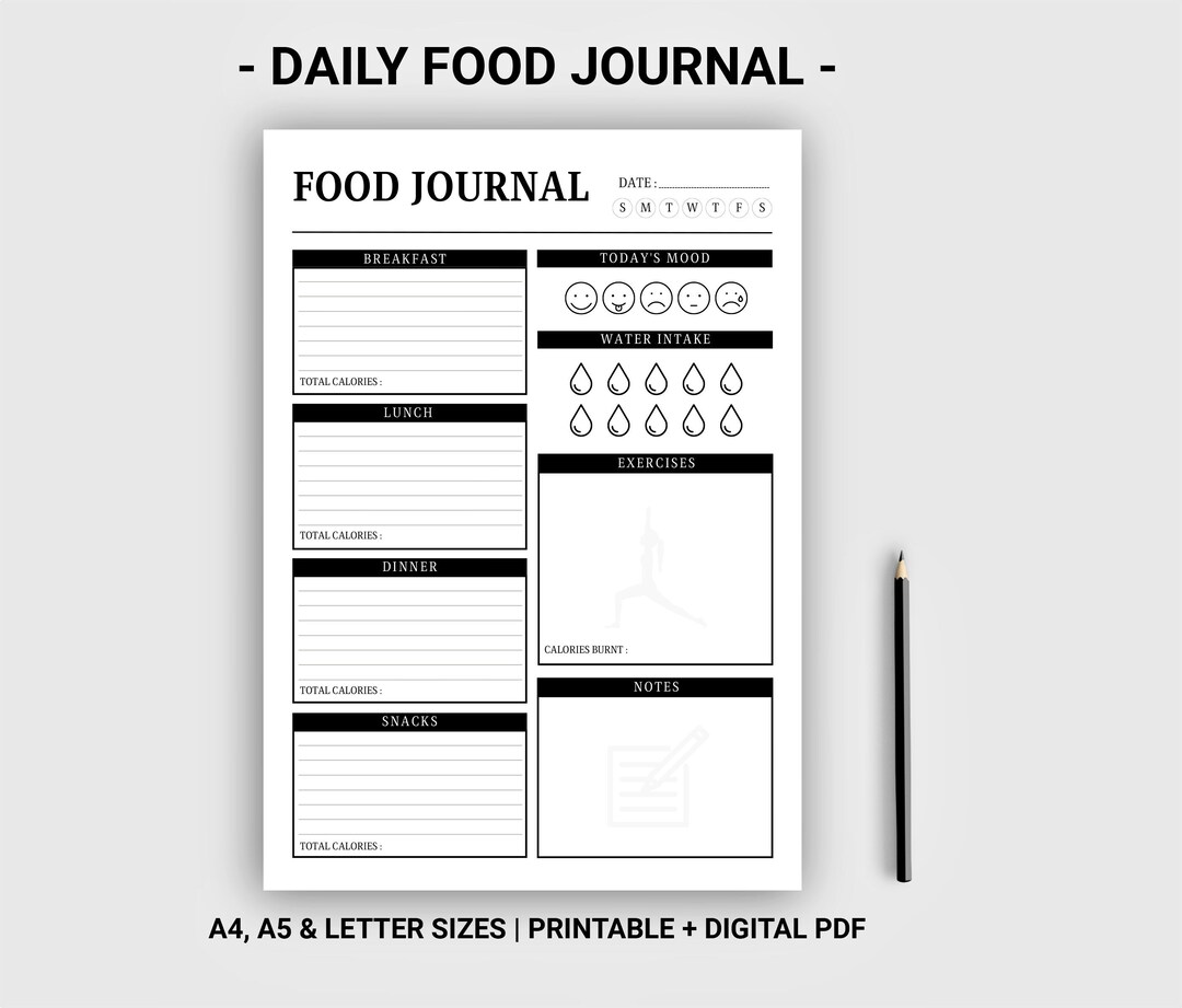 Food Journal Printable Digital Daily Food Diary Food Tracker Daily Food ...