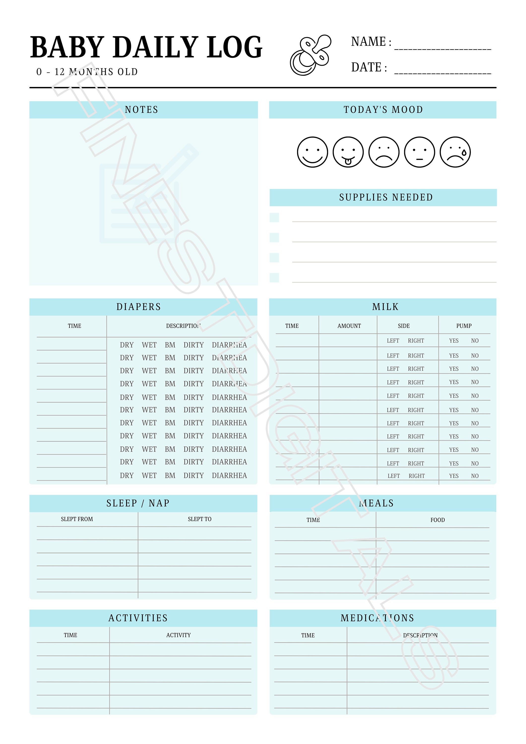 Baby Daily Log Printable Digital, Baby Tracker, Nanny Log, Babysitter ...