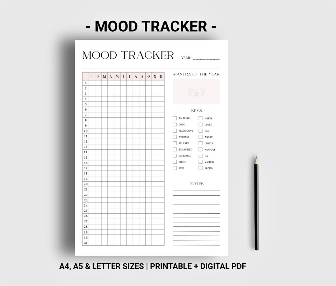 Yearly Mood Tracker Printable Digital, Selfcare Planner, Anxiety ...