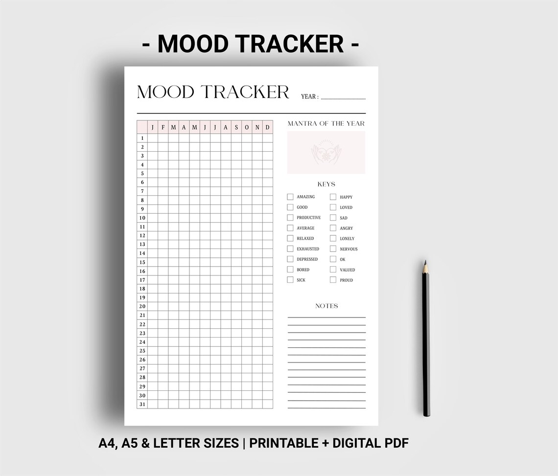 Yearly Mood Tracker Printable Digital, Selfcare Planner, Anxiety ...