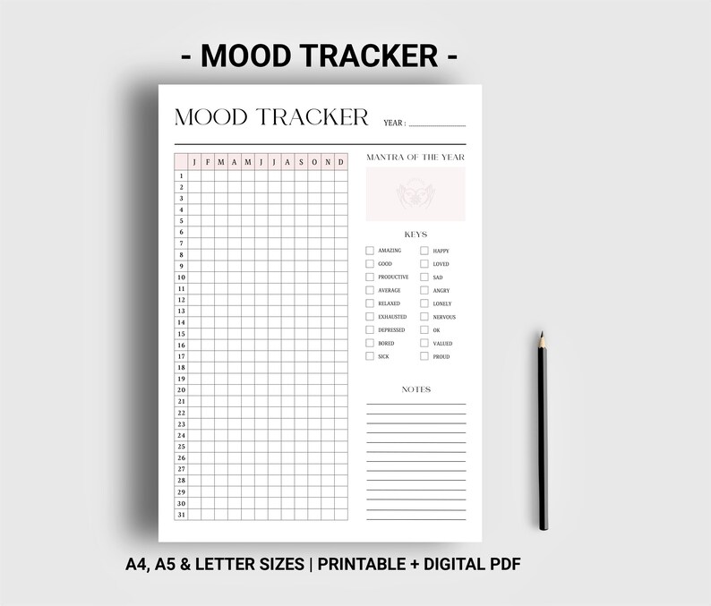 Yearly Mood Tracker Printable Digital, Selfcare Planner, Anxiety ...