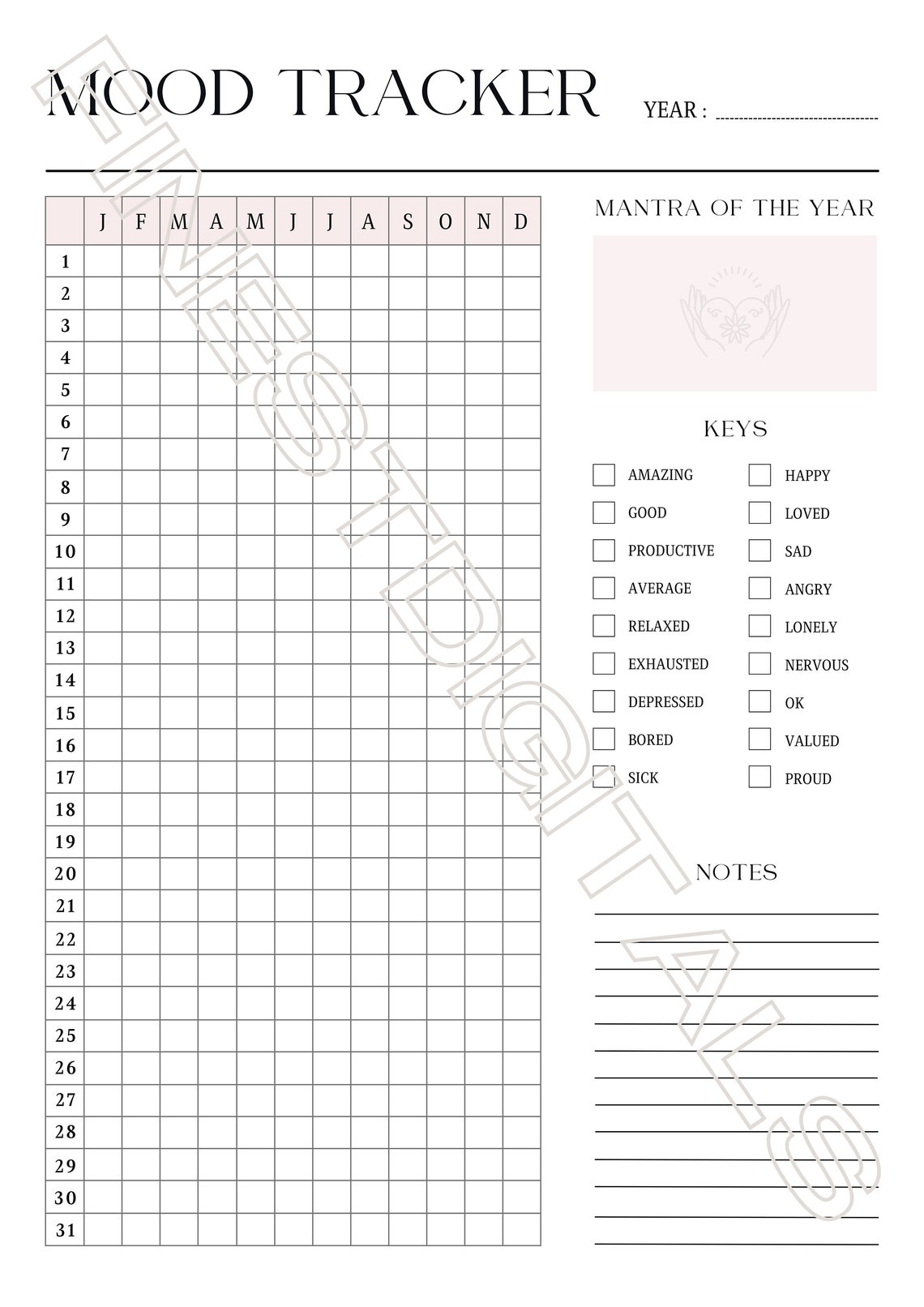 Yearly Mood Tracker Printable Digital, Selfcare Planner, Anxiety ...
