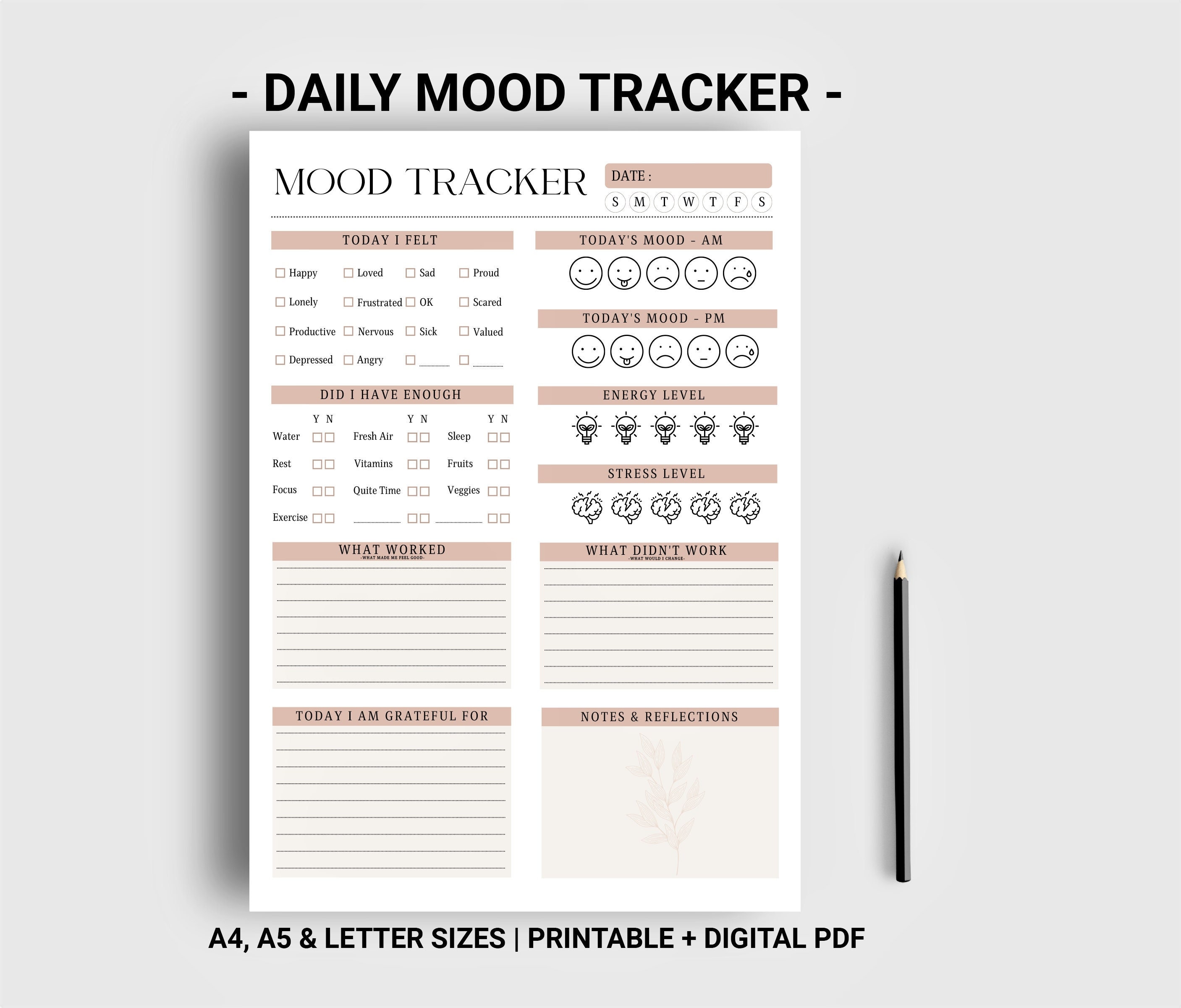 Daily Mood Tracker Printable Digital Anxiety Tracker Self - Etsy