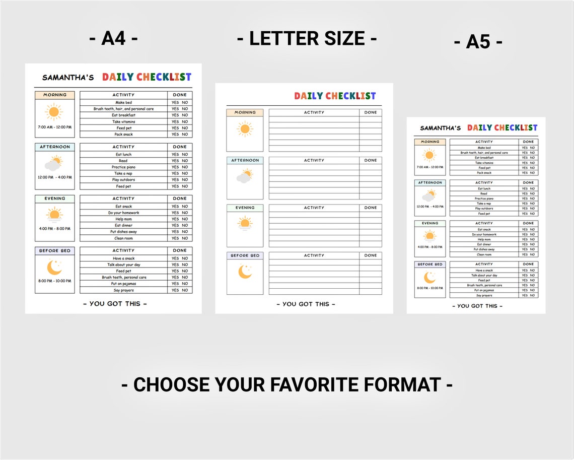 Kids Daily Checklist Printable Editable Personalized Chore - Etsy
