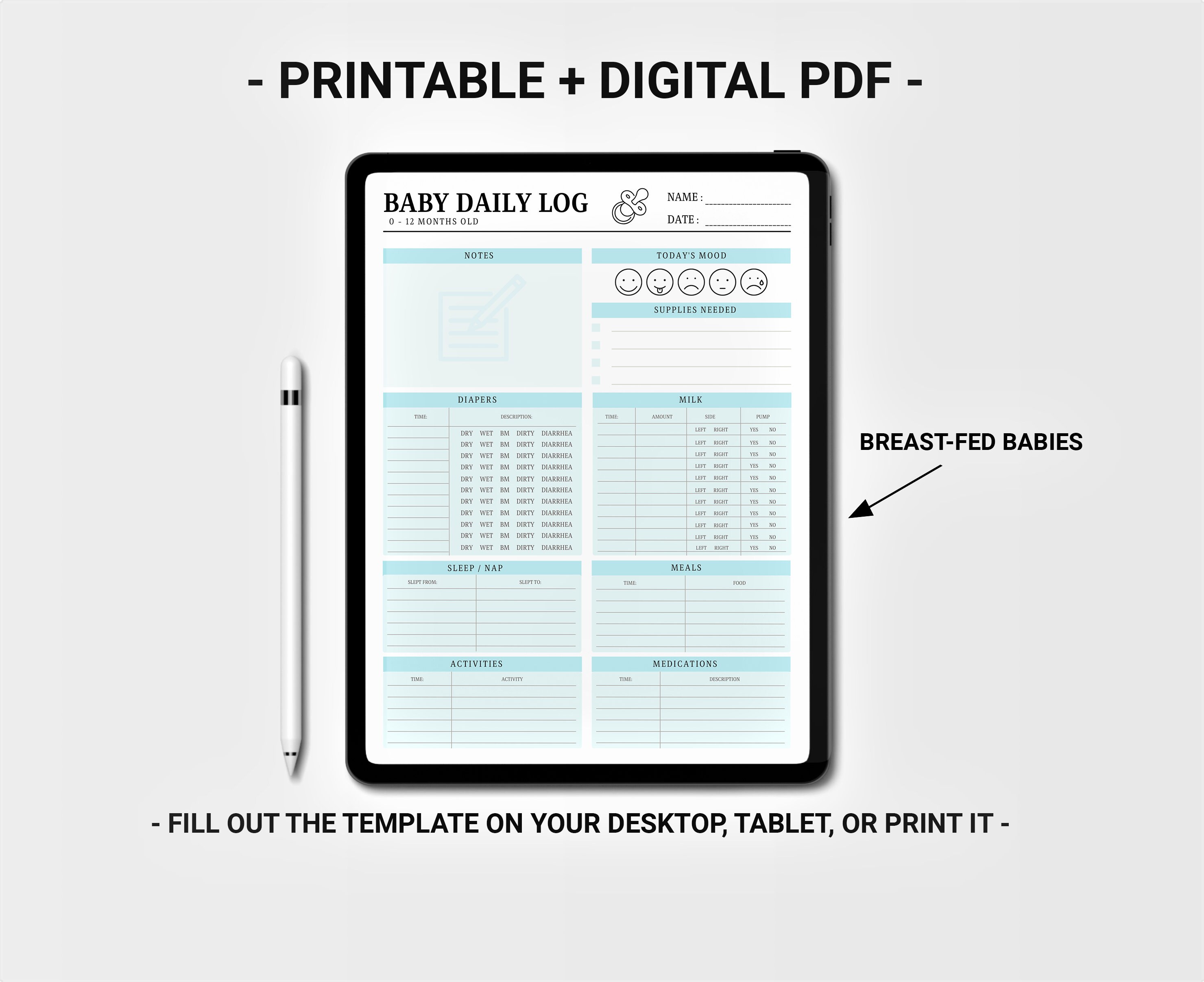 Baby Daily Log Printable Digital, Baby Tracker, Nanny Log, Babysitter ...