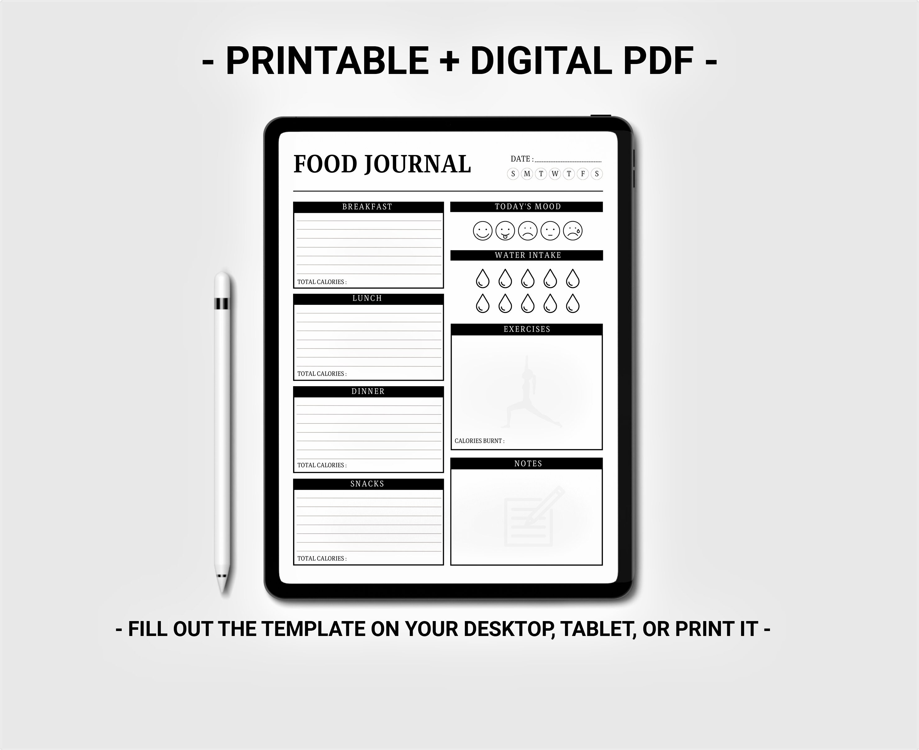 Food Journal Printable Digital Daily Food Diary Food Tracker Daily Food ...