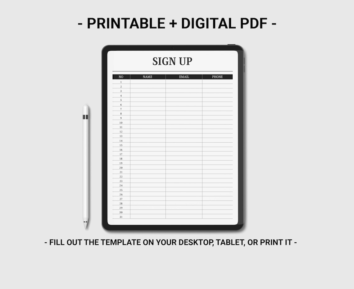Sign up Sheet Printable Digital Sign up List Sign up Form Sign in ...