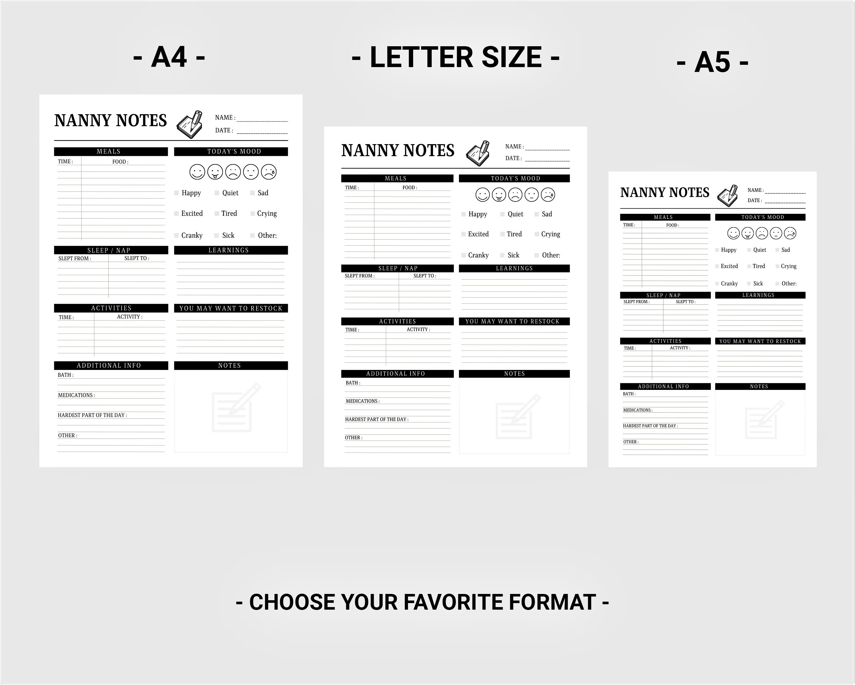 Nanny Bundle Nanny Notes Printable Digital Emergency Info Nanny Log ...