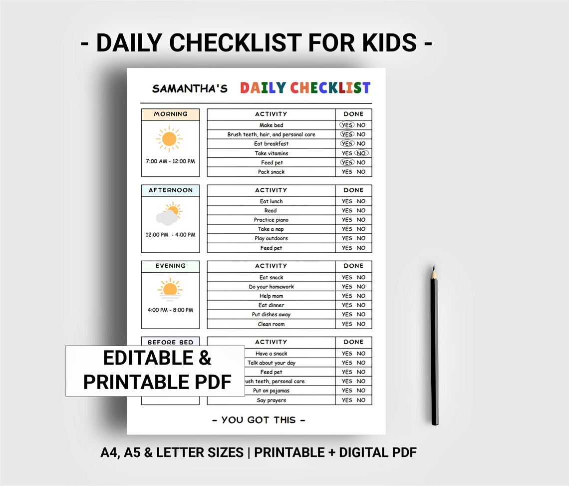 Kids Daily Checklist Printable Editable, Personalized Chore Chart, Kids ...
