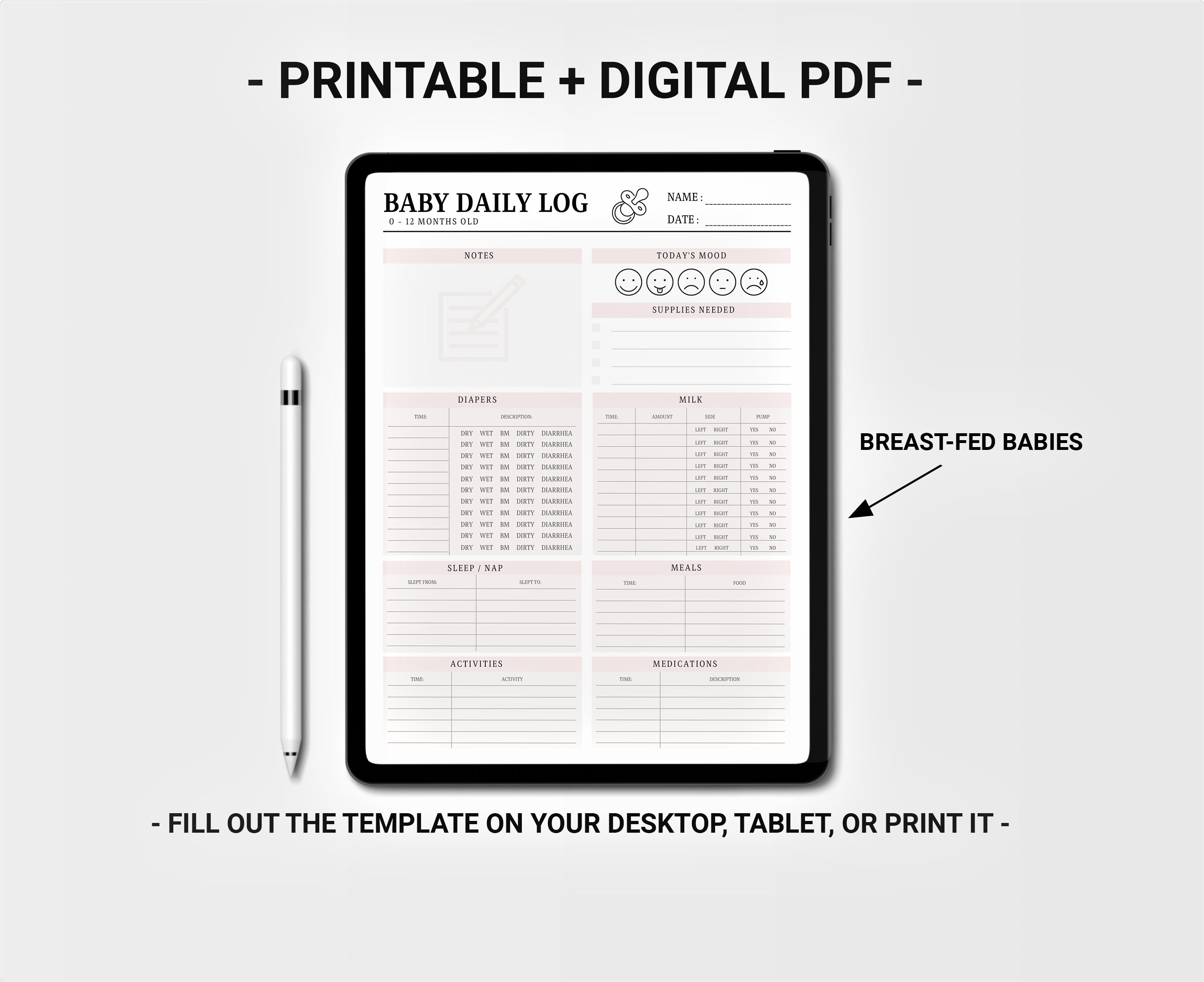Baby Log Printable Digital, Baby Daily Tracker, Nanny Log, Baby Report ...