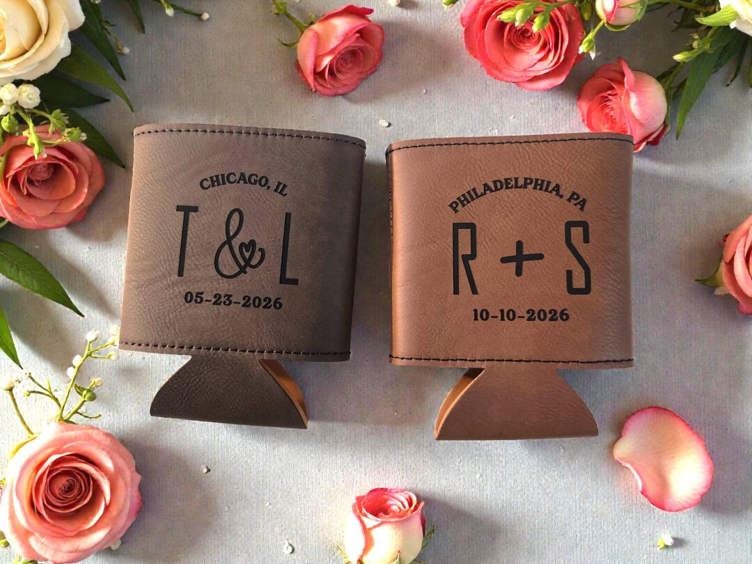 Classic Wedding Favors, Custom Engraved Leatherette Can Cozie Beverage ...