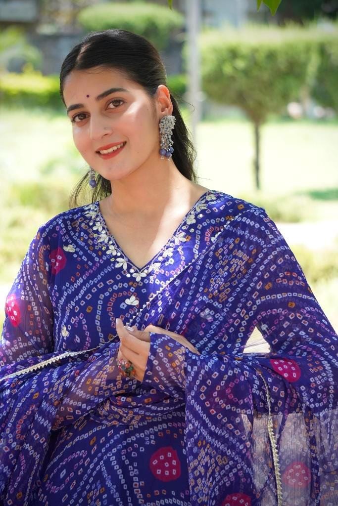 Blue Bandhani Anarkali Kurta Set: Chiffon Party Dress With Dupatta - Etsy