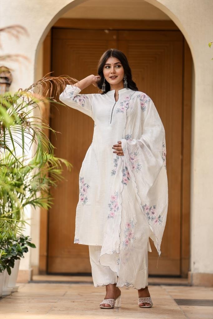 Handloom Khadi Cotton Kurta Set: Embroidered Indian Dress With Dupatta ...