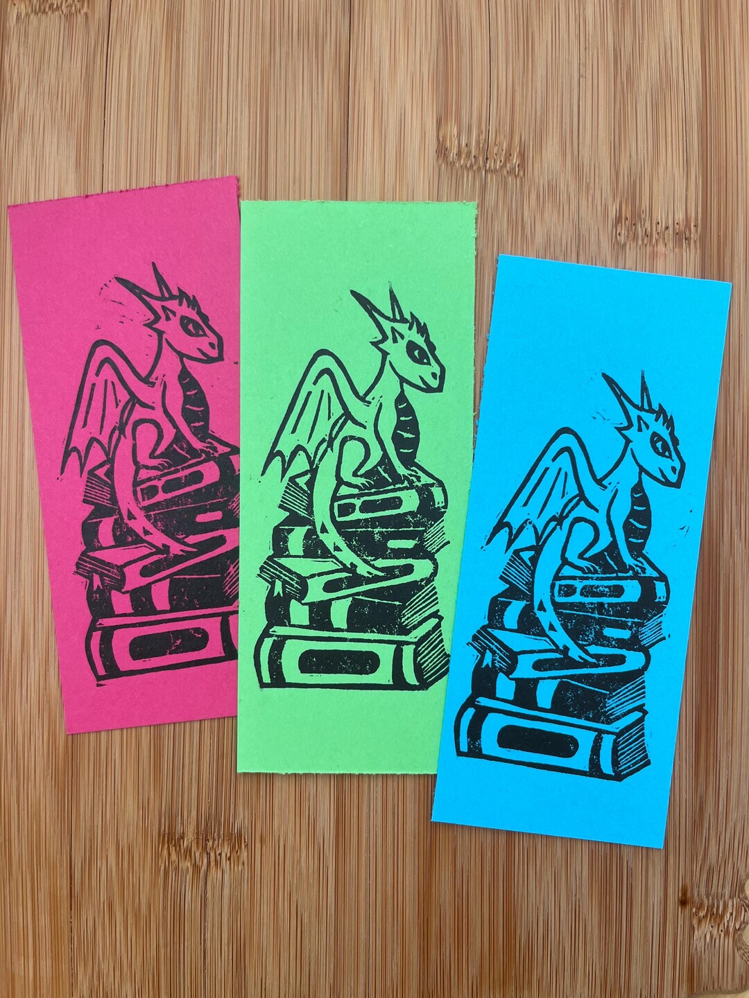 Dragon book Worm Original Linocut Blockprinted Bookmark - Etsy