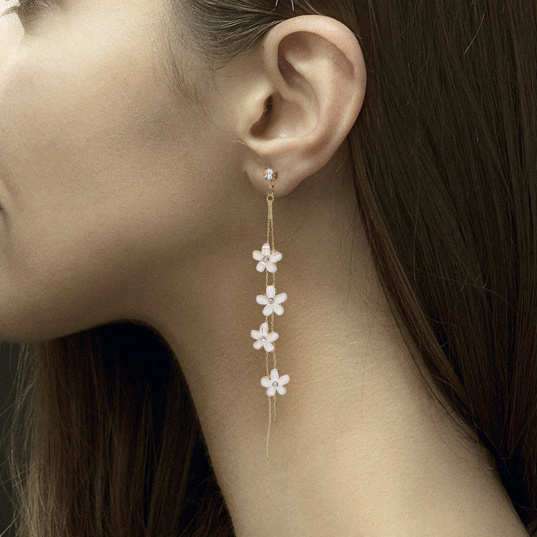 Flower Drop Earrings, Linear Flower Dangle Earrings, Dainty Floral Long ...