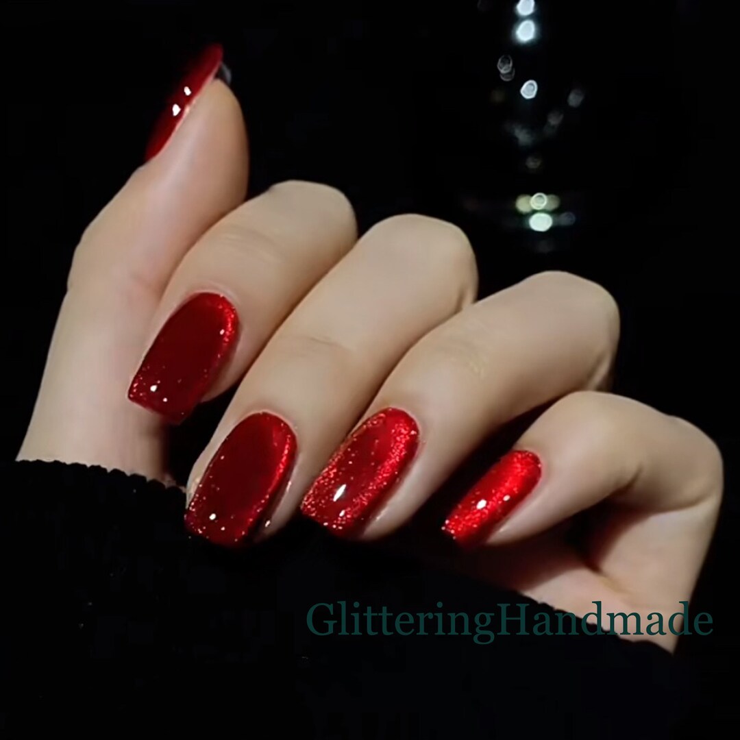 Ruby Cat Eye Nails, Handmade Nail Art, Fake Nail Patches That Shiny ...