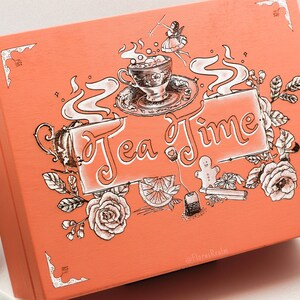6 Compartments Wooden Tea Box With Wood Burning Art, Orange Tea ...