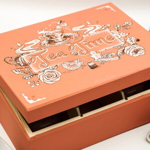 6 Compartments Wooden Tea Box With Wood Burning Art, Orange Tea ...