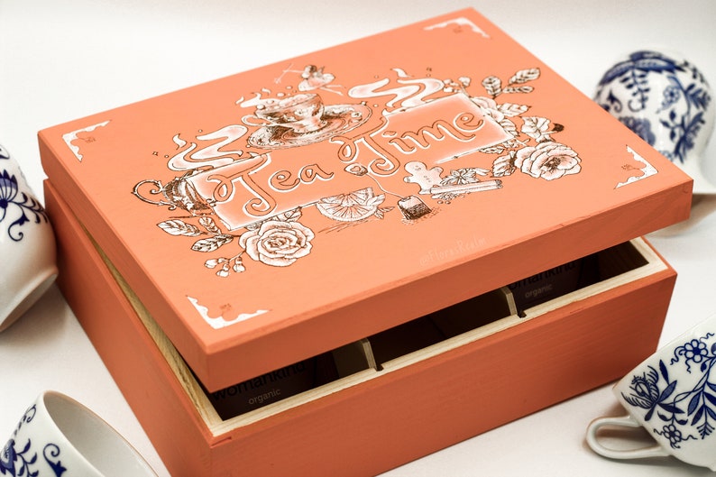 6 Compartments Wooden Tea Box With Wood Burning Art Orange - Etsy