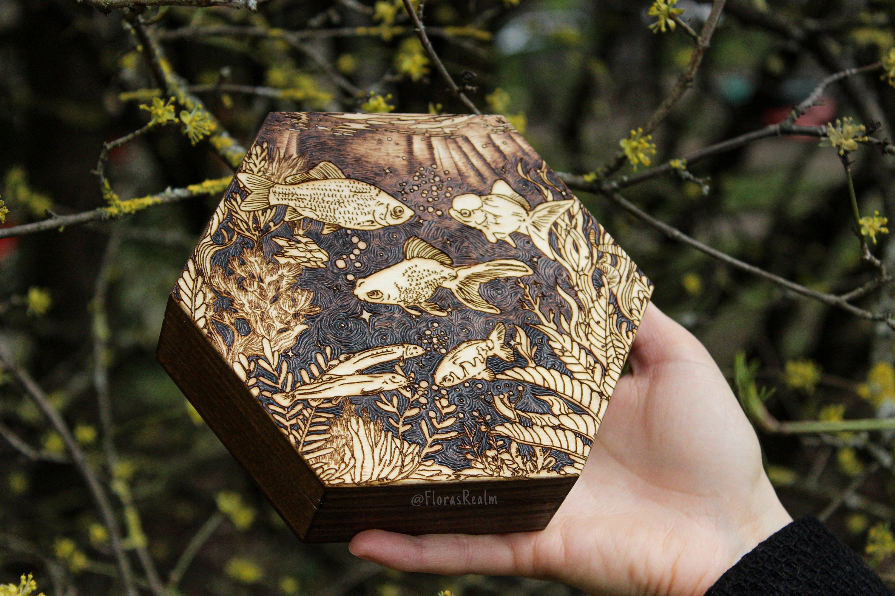 Koi Fish Pyrography Wooden Box With Lid Dice Box Memory Box - Etsy