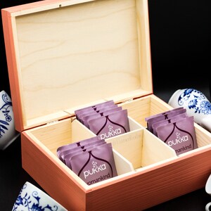 6 Compartments Wooden Tea Box With Wood Burning Art, Orange Tea ...