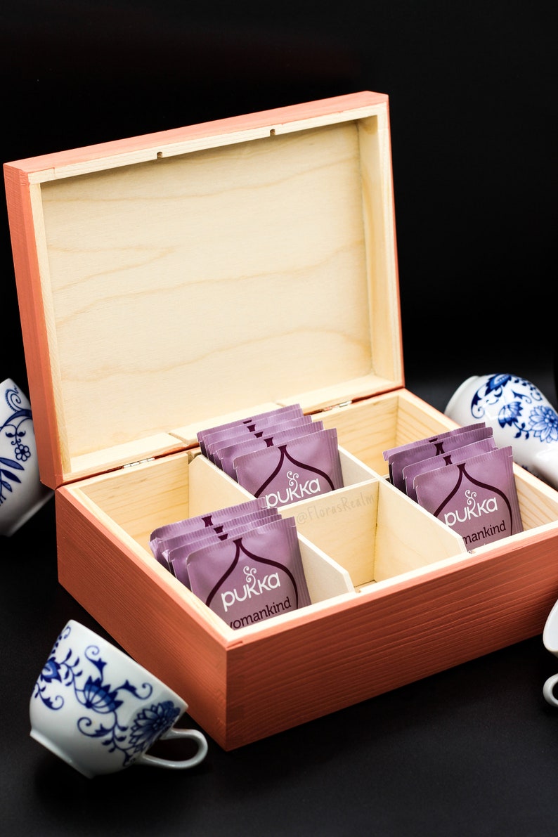 6 Compartments Wooden Tea Box With Wood Burning Art Orange - Etsy
